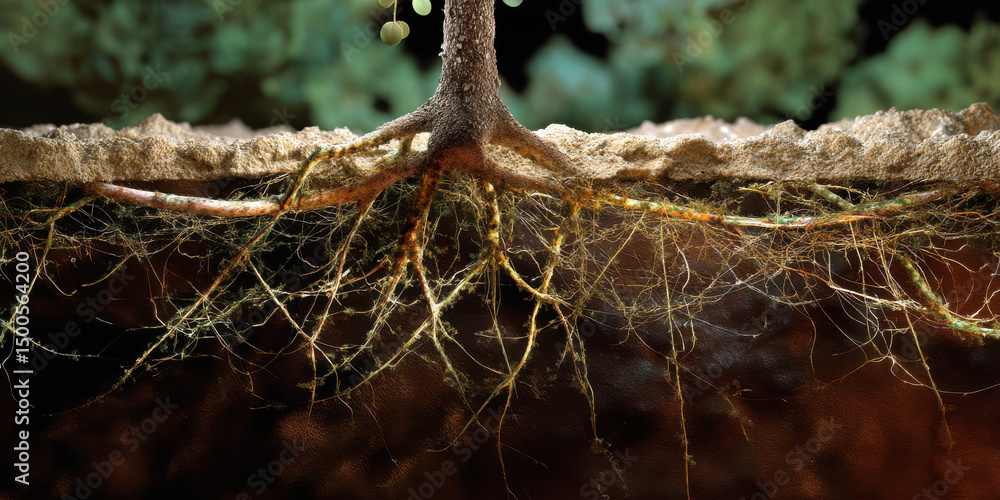 Mycelium network growing underground connecting tree roots in soil ...