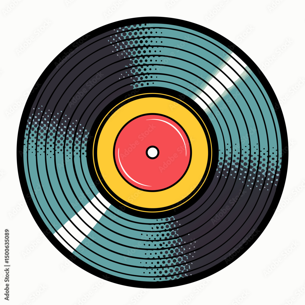 Create a bold, vector illustration of a pop art style vinyl record with ...