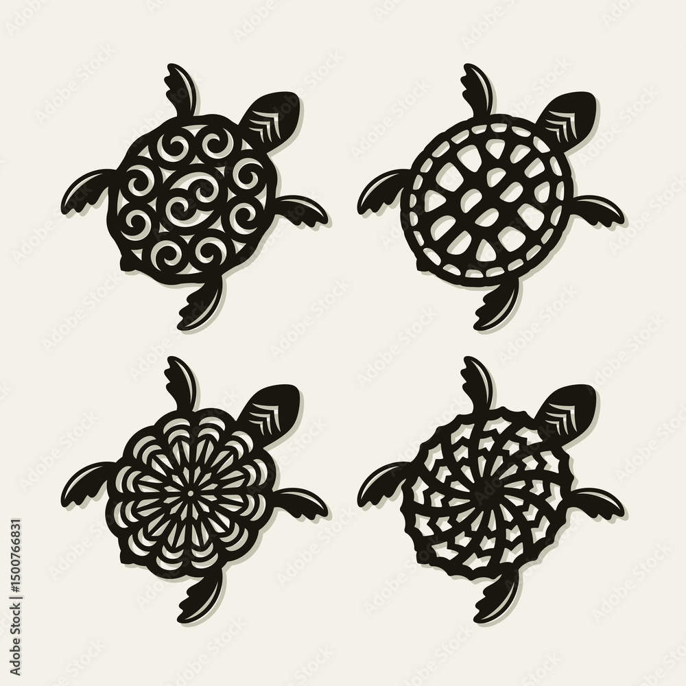 Set of four cute turtles. Brown reptiles with a decorative pattern on ...