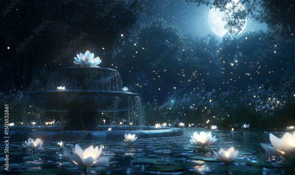 magical moonlit garden where glowing flowers bloom, and fireflies float ...