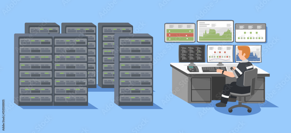 IT specialist monitoring server racks and analyzing system performance ...