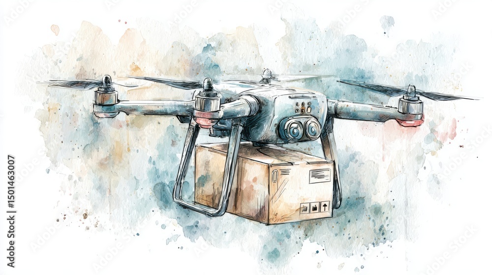 Flying drone with blinking sensors and payload showing smart courier ...