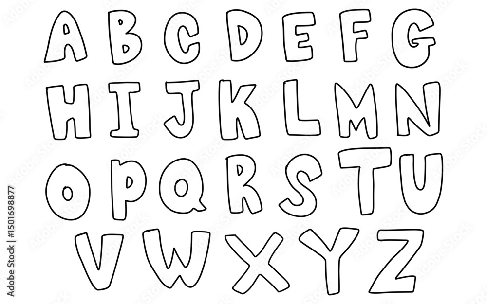 Cute set coloring hand drawn uppercase alphabet ABC letters font ...