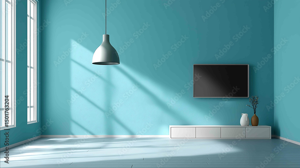 A clean light blue background wall with a hanging monitor on the right ...