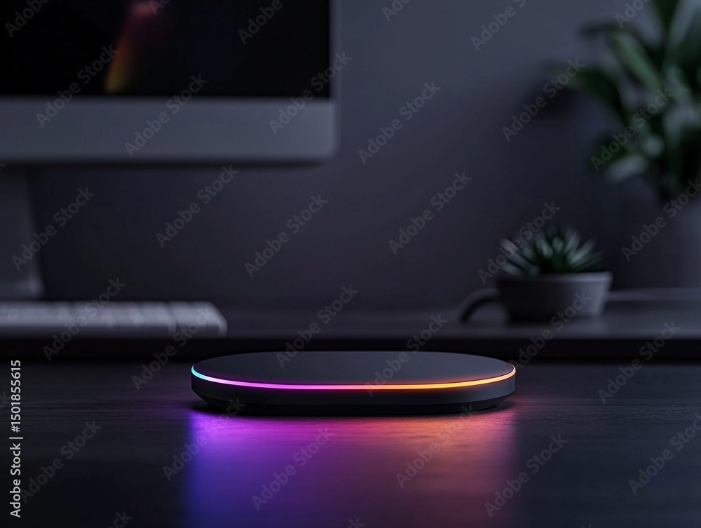 Wireless Charger Mockup with Subtle Colorful Lighting on Dark Desk ...