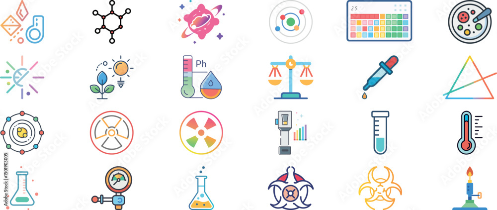 Colourful Science and Physics Icon Pack. Vector Elements for STEM and ...