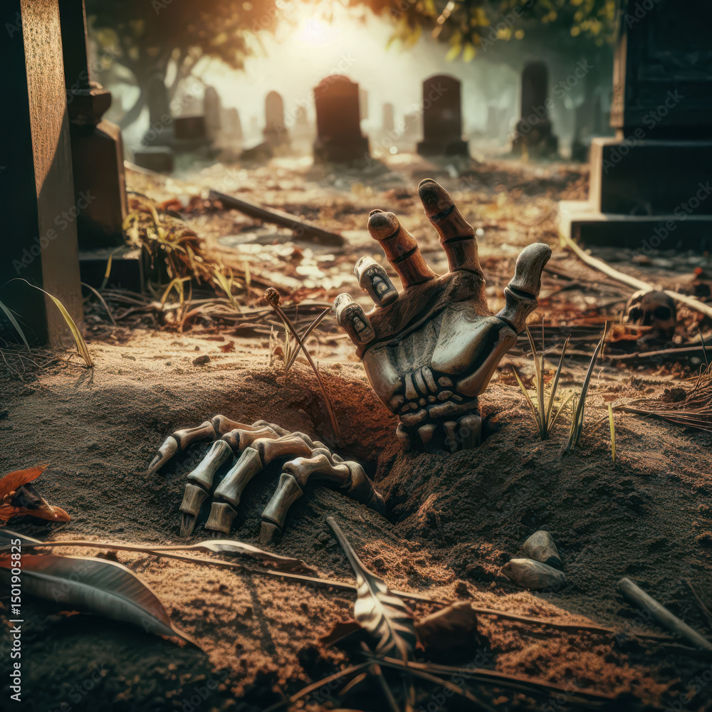 Skeleton hand emerging from the ground in a cemetery during sunset with ...