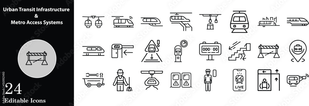 Urban transportation outline icons collection features trains gondolas ...