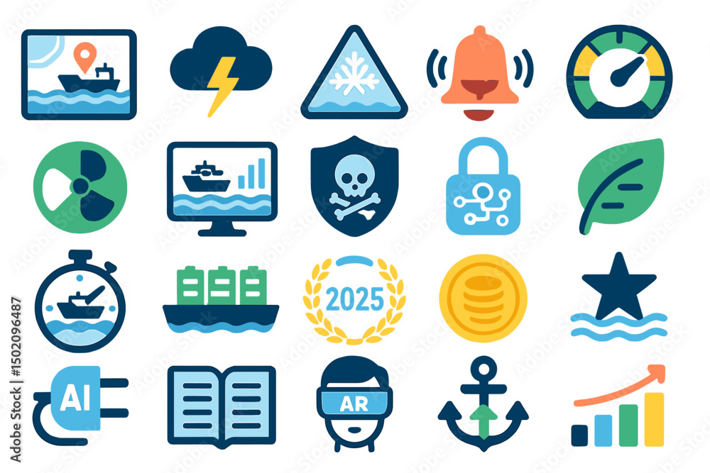 Icons representing various maritime safety and technology themes for a ...