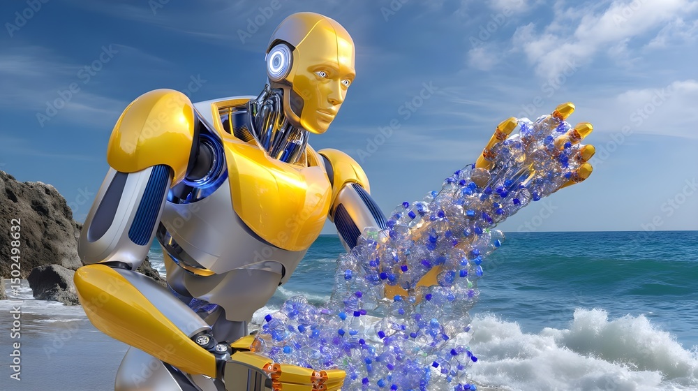 Robot Holding Plastic Waste Pollution on Beach. Environmental Awareness ...