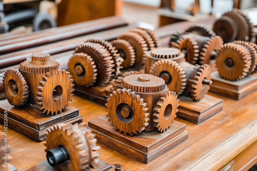 Intricate wooden gears arranged as educational exhibits in a museum ...