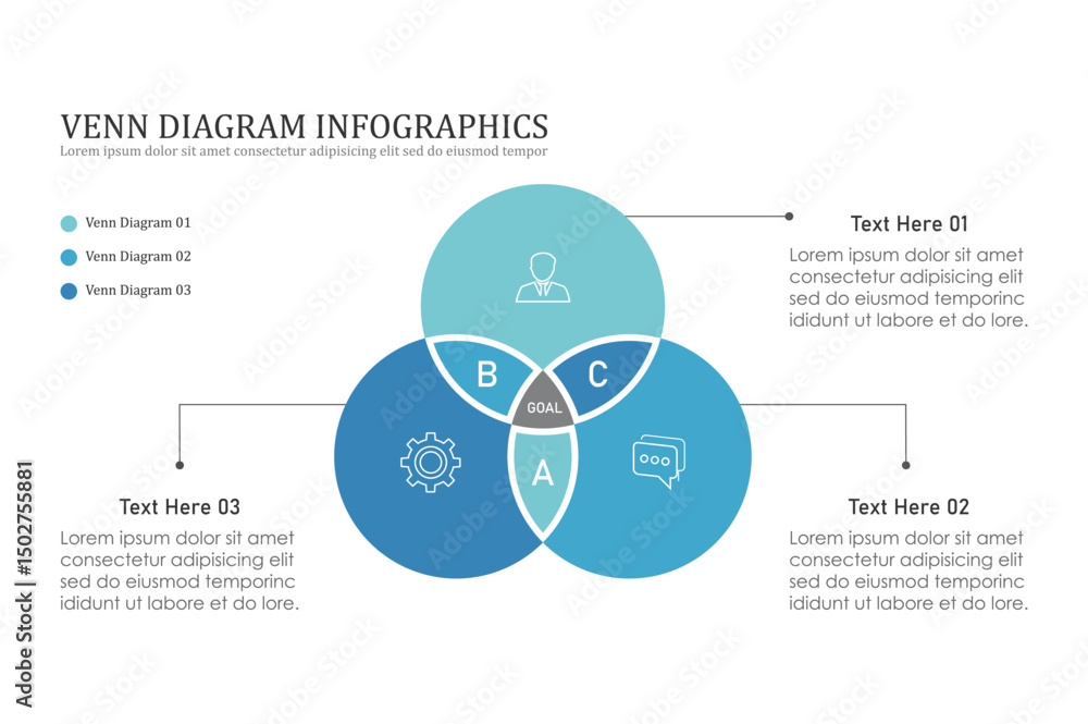 Venn diagram infographic chart template for business 3, 4, parts ...
