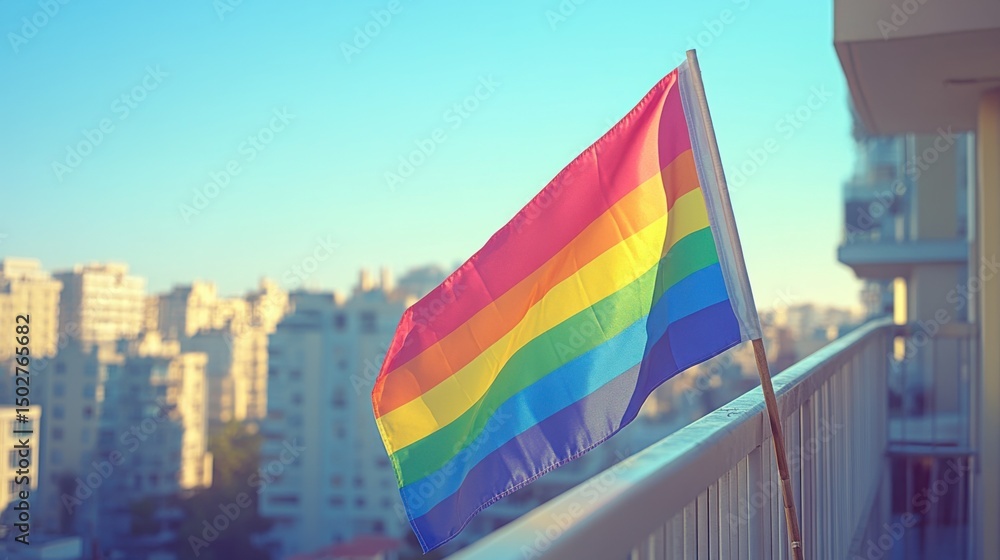 Fotografie Rainbow Pride Flag Hanging from Balcony in Urban ...