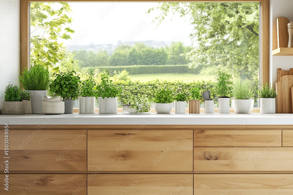 Bright Kitchen with Herb Garden Window Sill and Natural Wood Cabinets ...