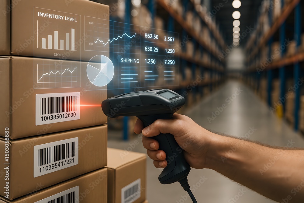 A warehouse worker scans stacked cartons as holographic charts display ...