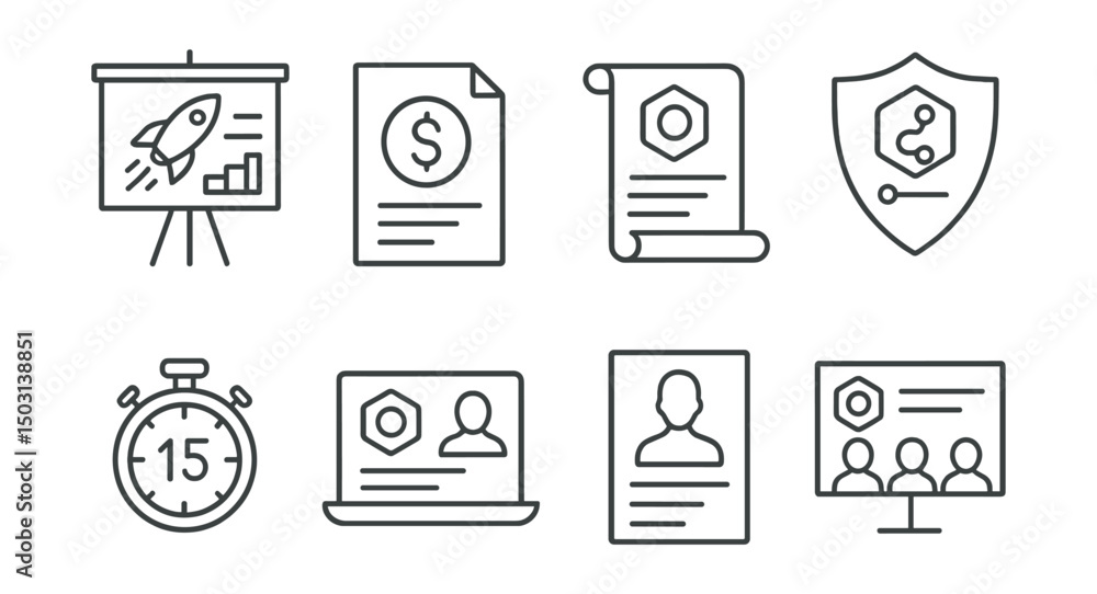 Line style icons of token launches: project pitch deck icon, whitepaper ...