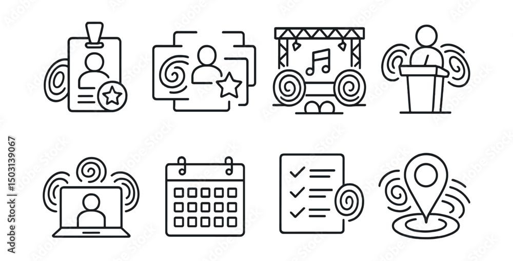 Stock-Vektorgrafik „Line style icons of multiverse apps: event teleport ...