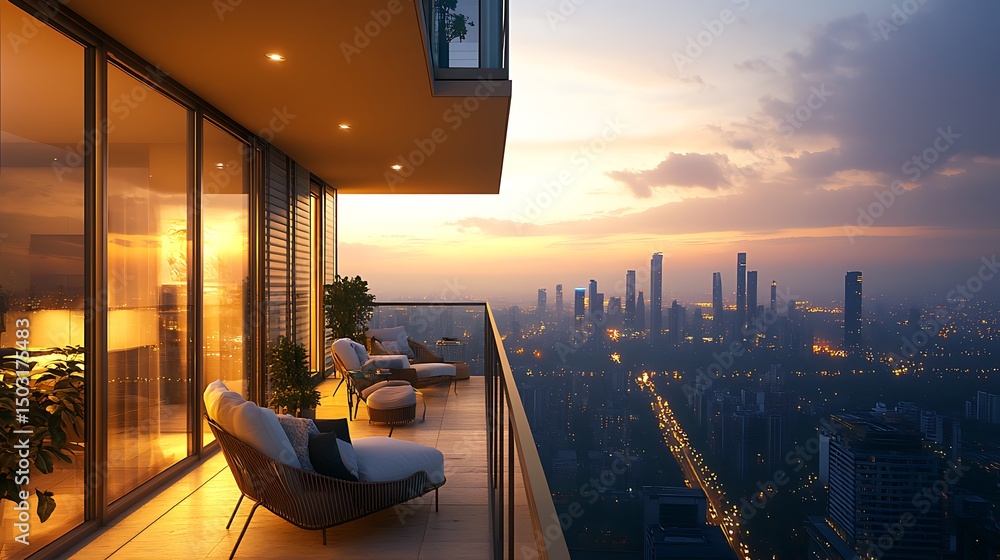 A modern high-rise home balcony during sunset, wrapped in soft golden ...