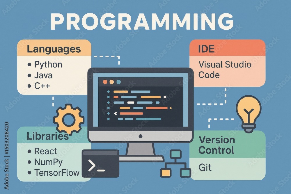 Software development illustration showing programming languages and integrated development ...