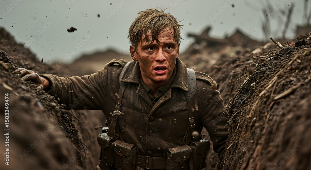 WWI soldier in muddy trench dramatic scene war conflict battle soldier ...