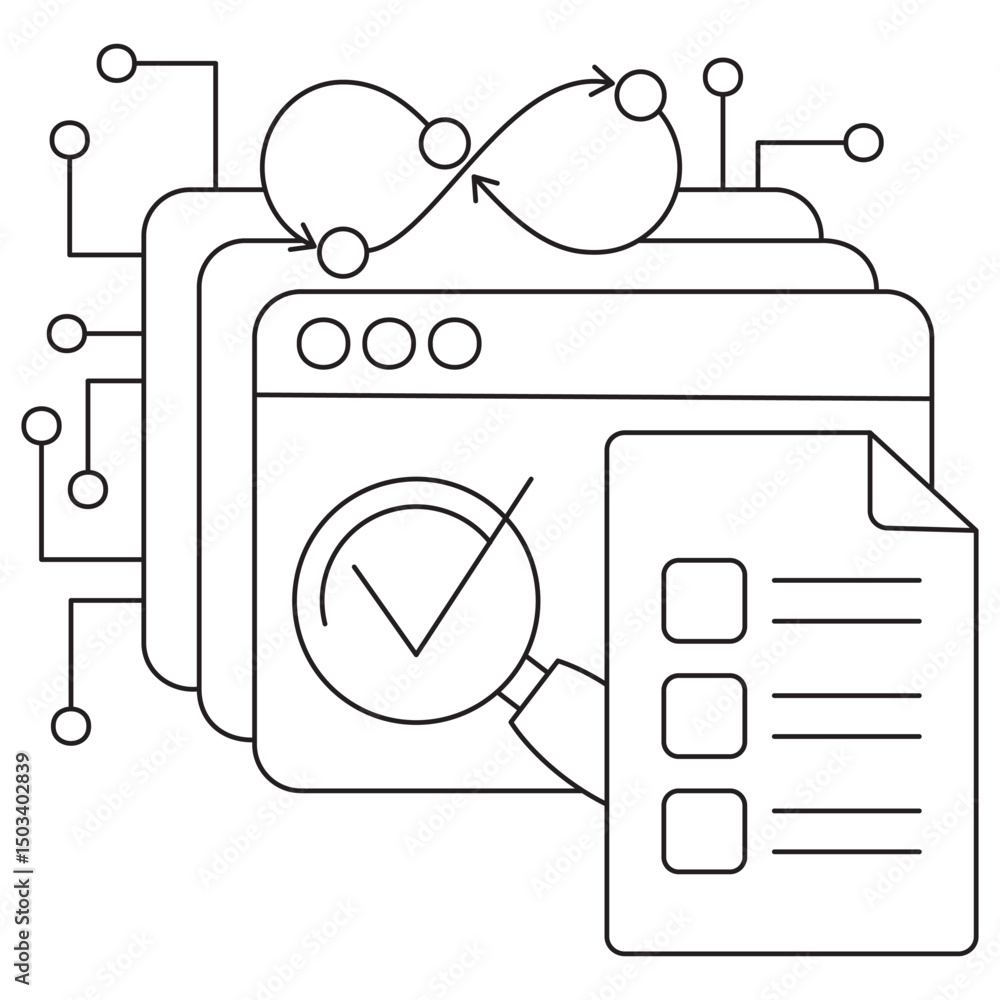 Icon of AI model evaluation with a workflow loop, magnifying glass ...