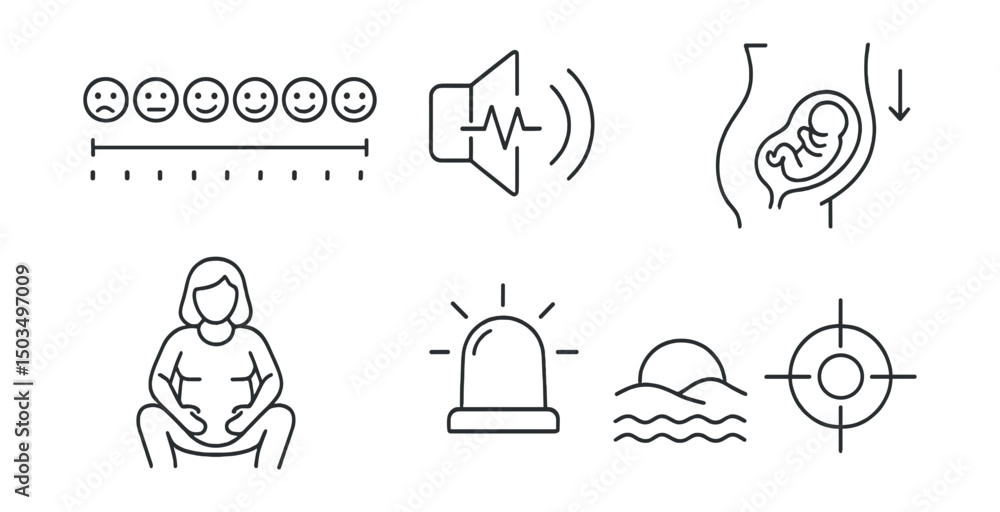 Line style icons of childbirth: pain scale chart, heartbeat speaker ...