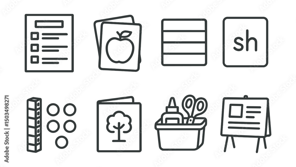 Line style icons of educational materials: printable worksheet ...