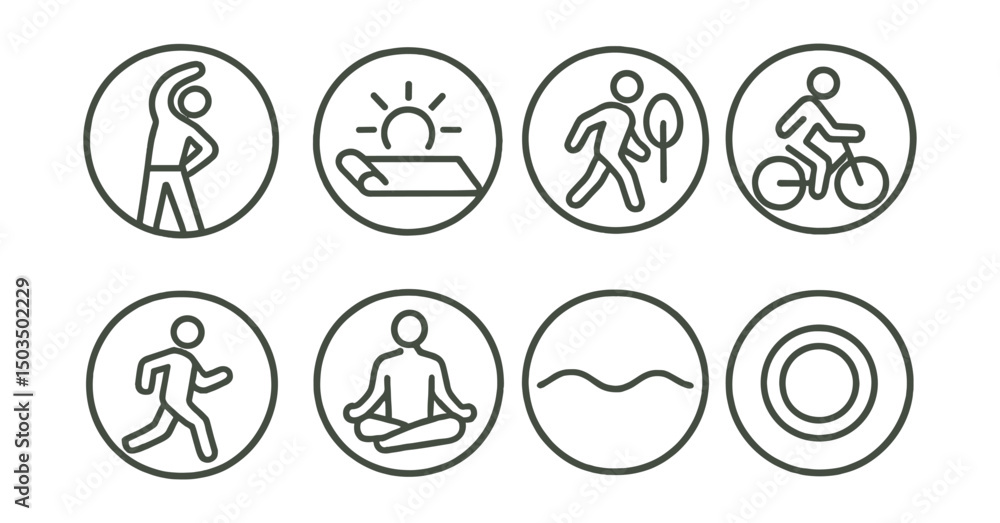 Line style icons of wellness and healthy living: morning stretch figure ...