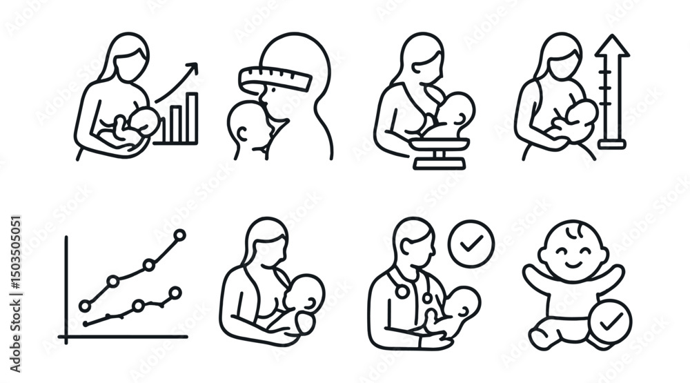 Vektor Line style icons of breastfeeding: baby growth tracker, head ...