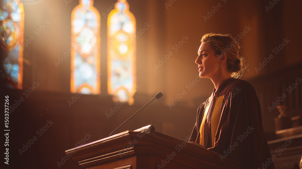 Fotografie Female pastor speaking at traditional church pulpit, A ...
