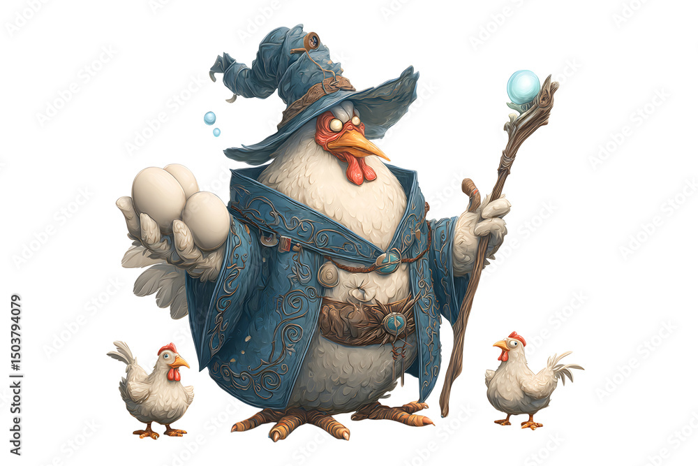 Chicken wizard with eggs and staff fantasy illustration for kids ...