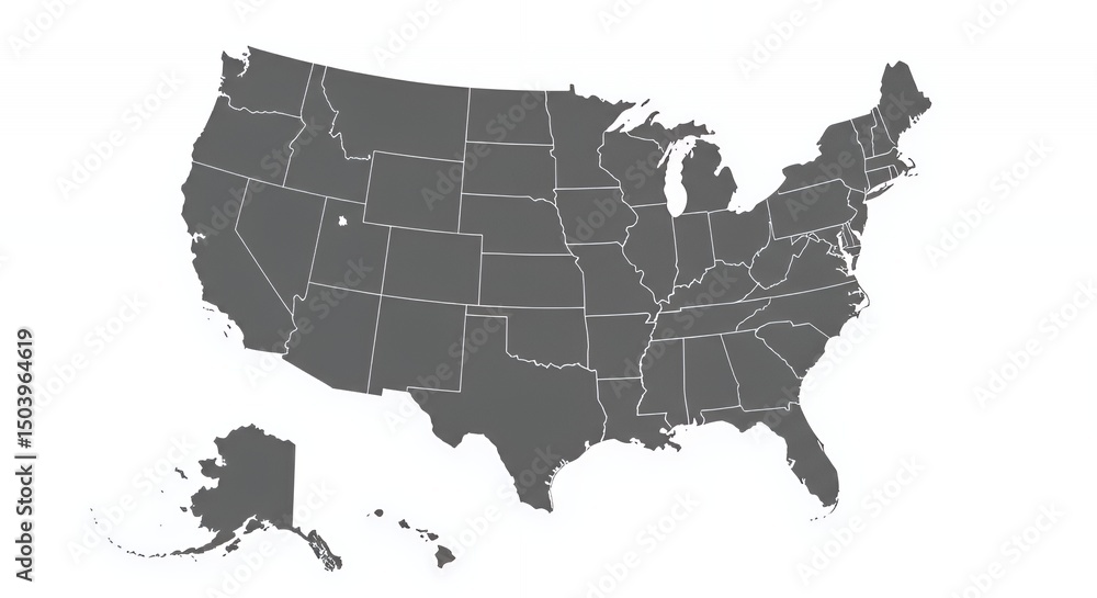 United States Map: Gray Scale Political Map of the USA Showing States ...