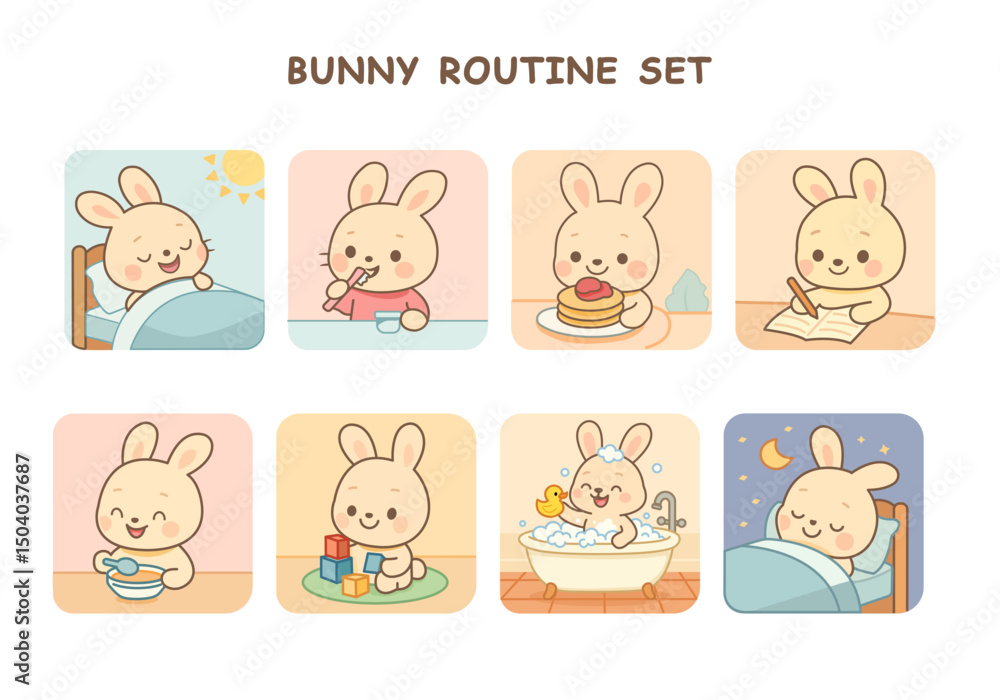 Cute cartoon bunny demonstrates daily routines including waking up ...