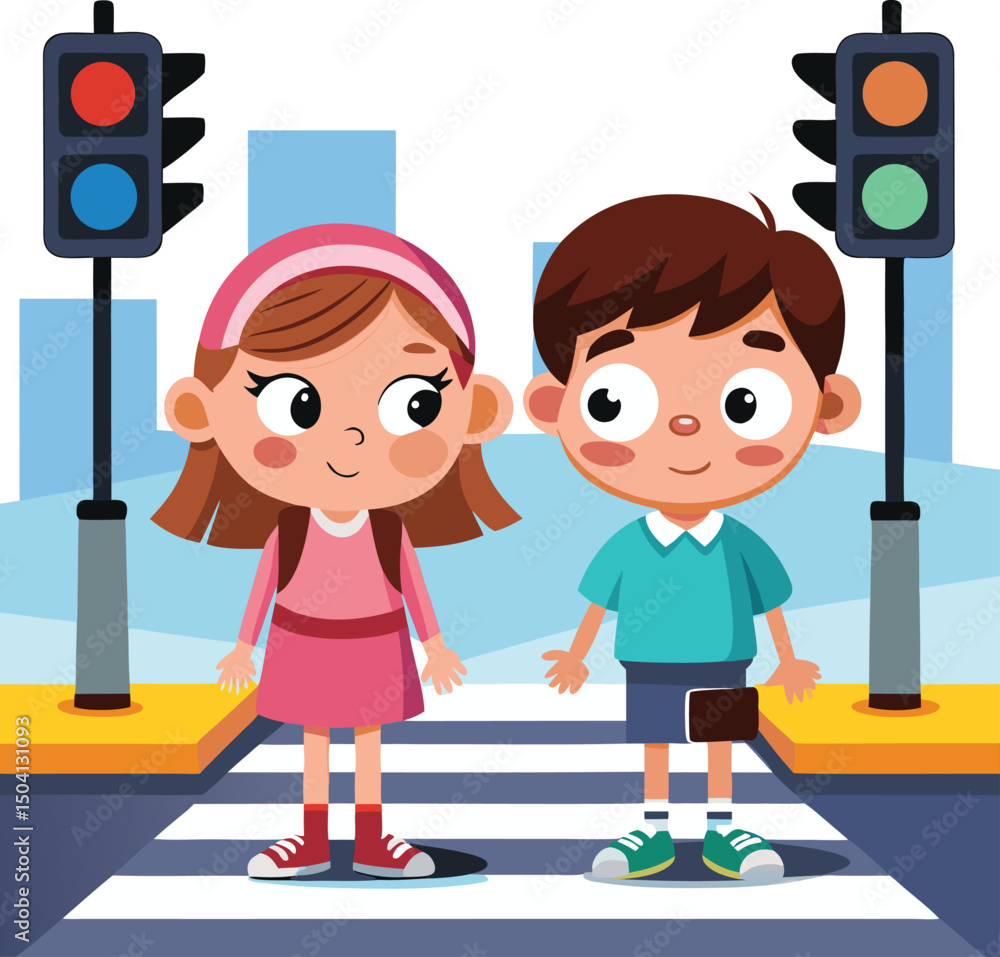 Cartoon illustration of two children safely crossing a pedestrian ...