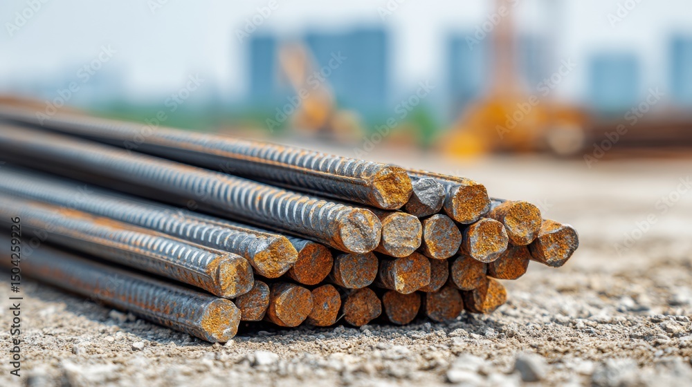 Steel Rebar Bundle Resting on Ground With Blurred Background of ...