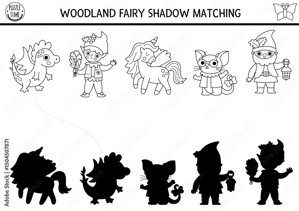 Vector de Stock Woodland fairy black and white shadow matching activity ...