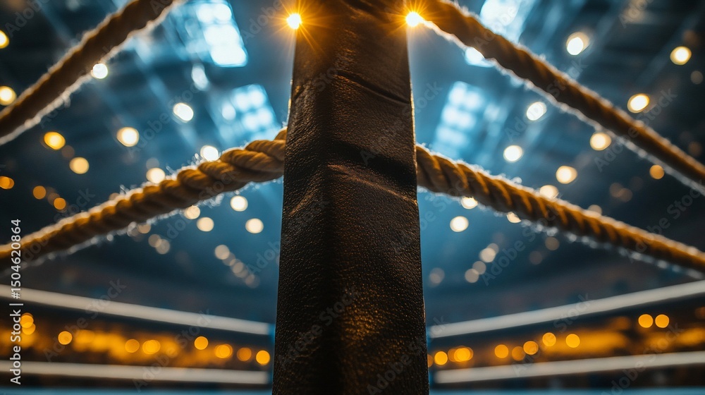 Intense view of a boxing ring corner post and ropes illuminated with ...