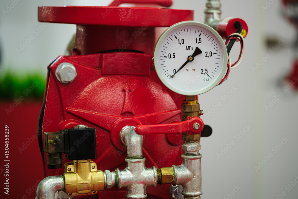 Stainless steel pipe with a white pressure gauge on it as part of a fire protection system Stock ...
