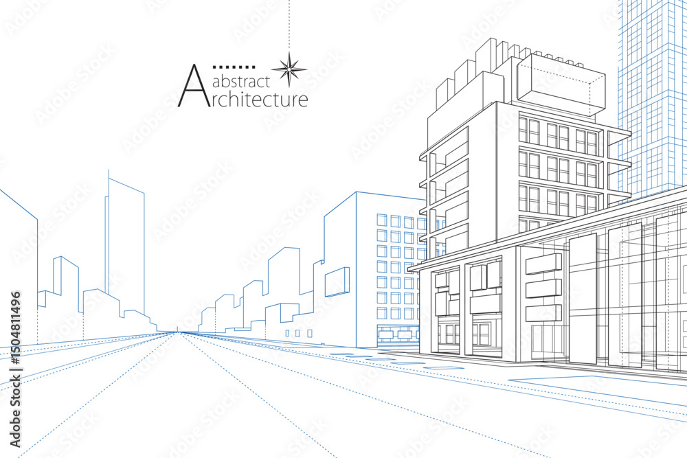 3D illustration abstract urban building out-line drawing of imagination ...