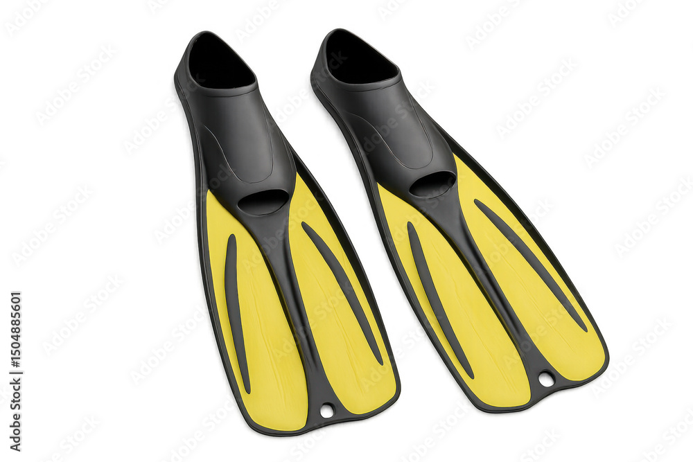 Pair of yellow and black diving fins lying on a transparent background ...