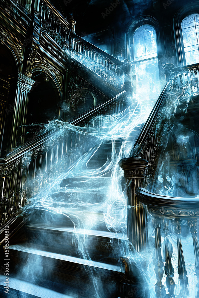 Ethereal ghostly energy swirling up a grand staircase in a haunted ...