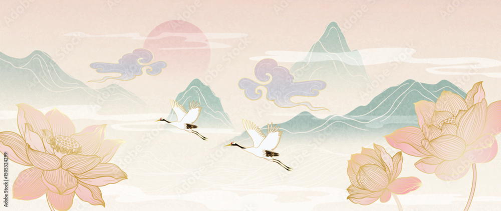เวกเตอร์ Stock Luxury lotus flower gold line background vector. Elegant ...