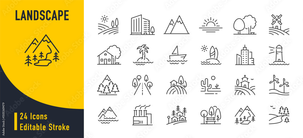 Landscape web icons in line style. Nature, landscape, forest, sea ...