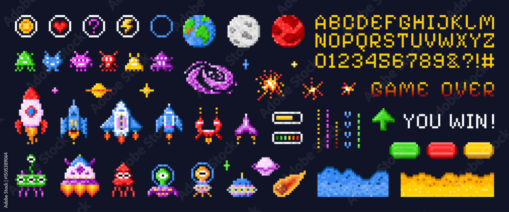 Space arcade interface. Pixel game spaceship invader battle, retro ...