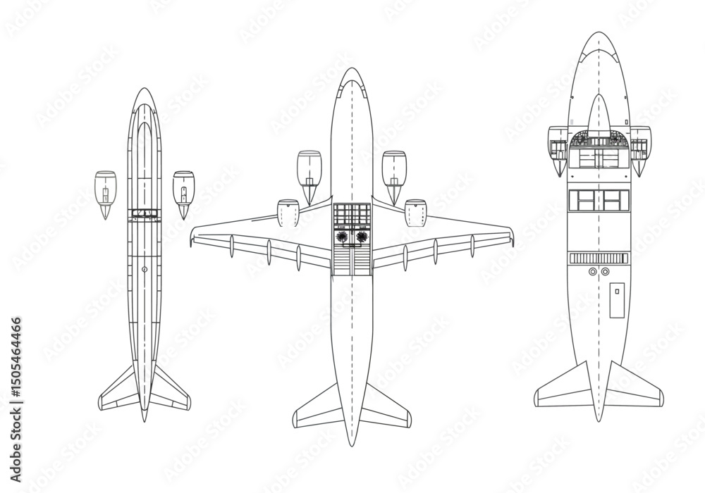 Airplane engineering drawing. It is a black and white technical ...