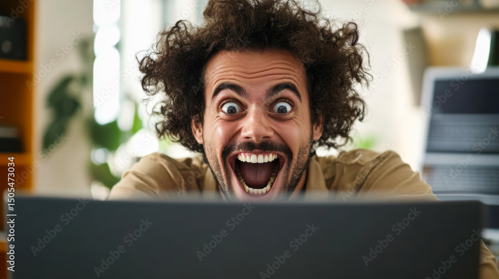 Excited man reacts joyfully to surprising news while working from a ...