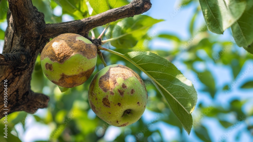 Diseased apple tree with rotting fruit hanging on branches, depicting ...