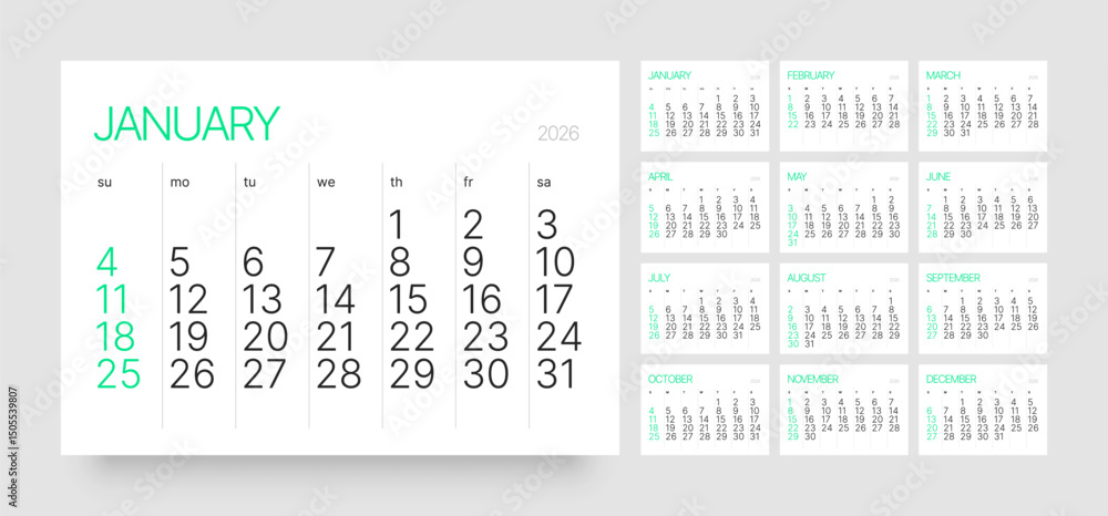 Monthly calendar layout for 2026 year. Diary planner for 2026 year ...
