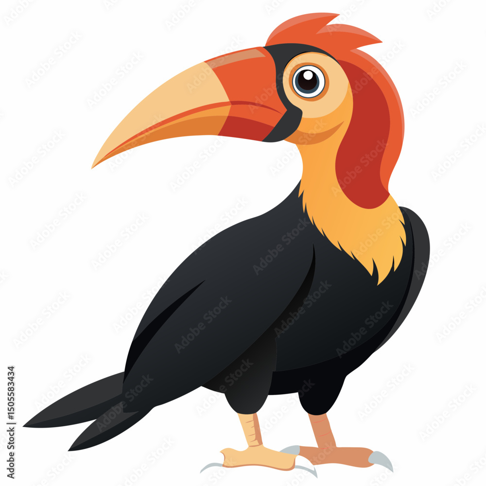 Realistic full-body illustration of the rare Rufous-headed Hornbill ...