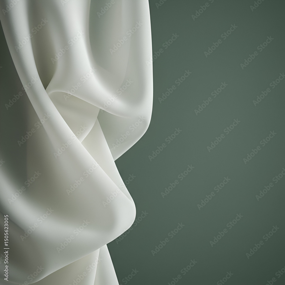 Cream fabric draped in dramatic folds against a muted sage green ...